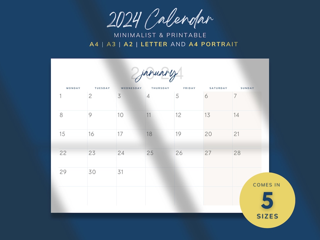 Printable Minimalist Calendar 2024 Aesthetic Monday and Sunday Start A4 ...