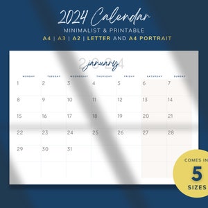 Printable Minimalist Calendar 2024 Aesthetic Monday and Sunday Start A4 ...