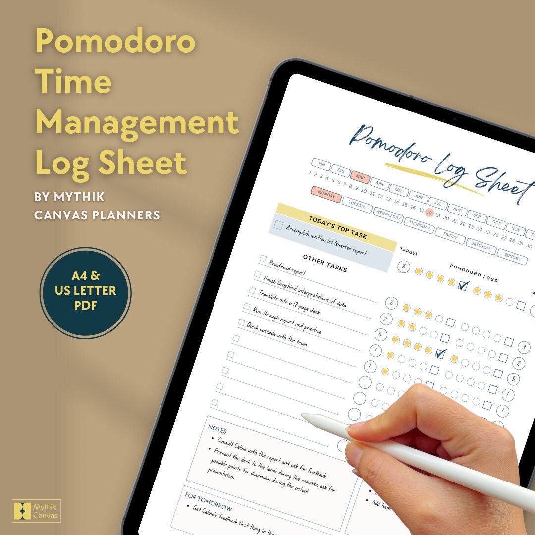 Pomodoro Time Management Log Sheet, Editable Printable Planner Tracker for Productivity ADHD A4 ...
