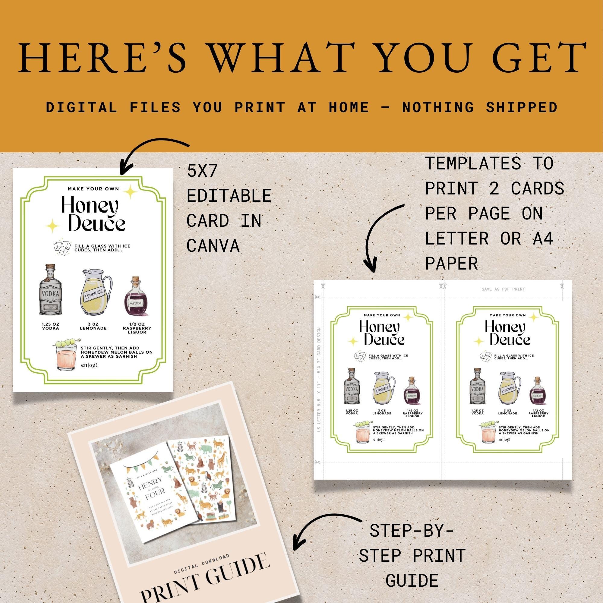 Honey Deuce Sign, Cocktail Recipe Template, Editable Cocktail Menu Card ...