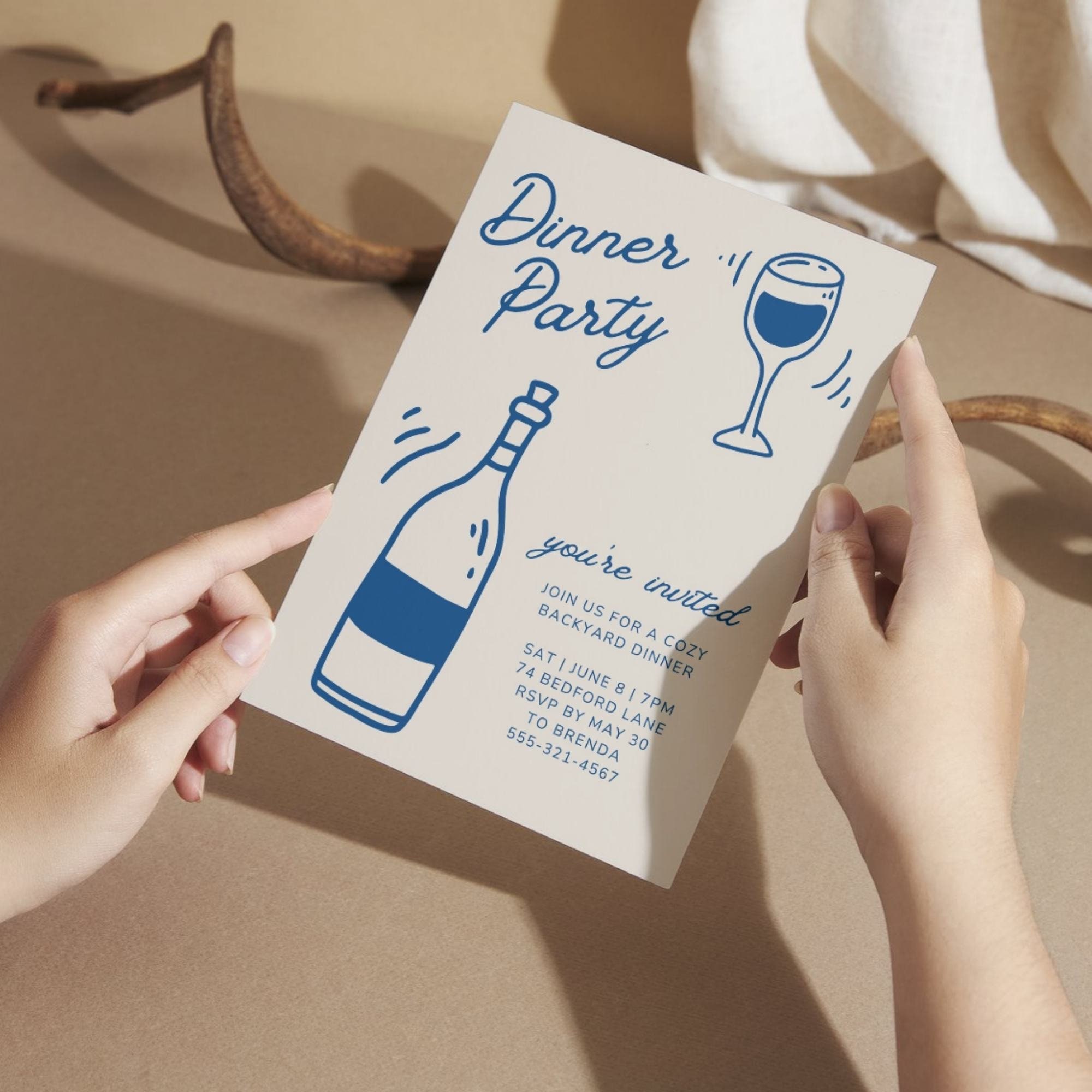 Wine Dinner Party Invite Printable, Hand Drawn Invitation Template ...