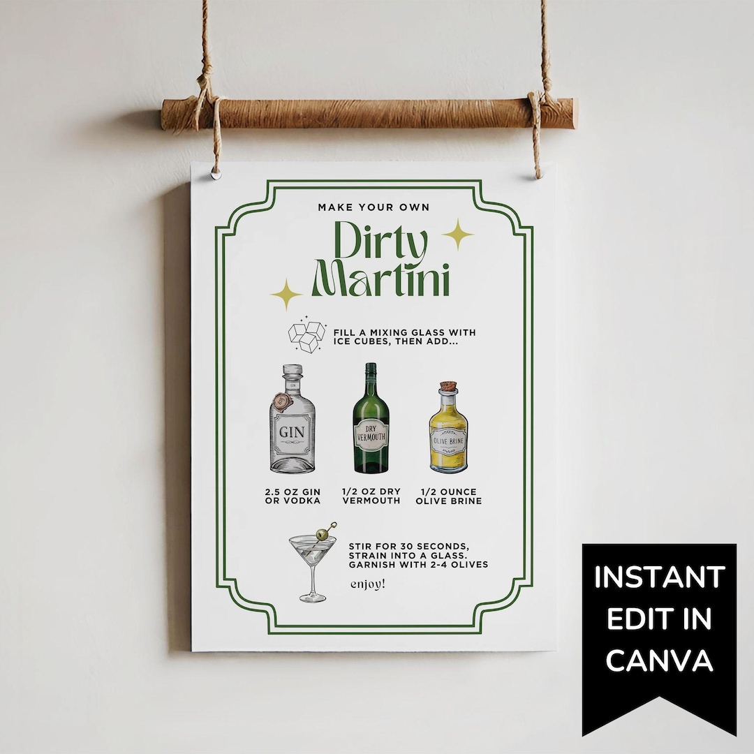 Dirty Martini Recipe Card Template, Martini Signature Drinks Menu ...