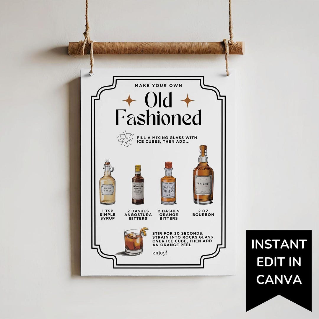 Old Fashioned Recipe Card Template, Bar Sign Wedding Printable ...