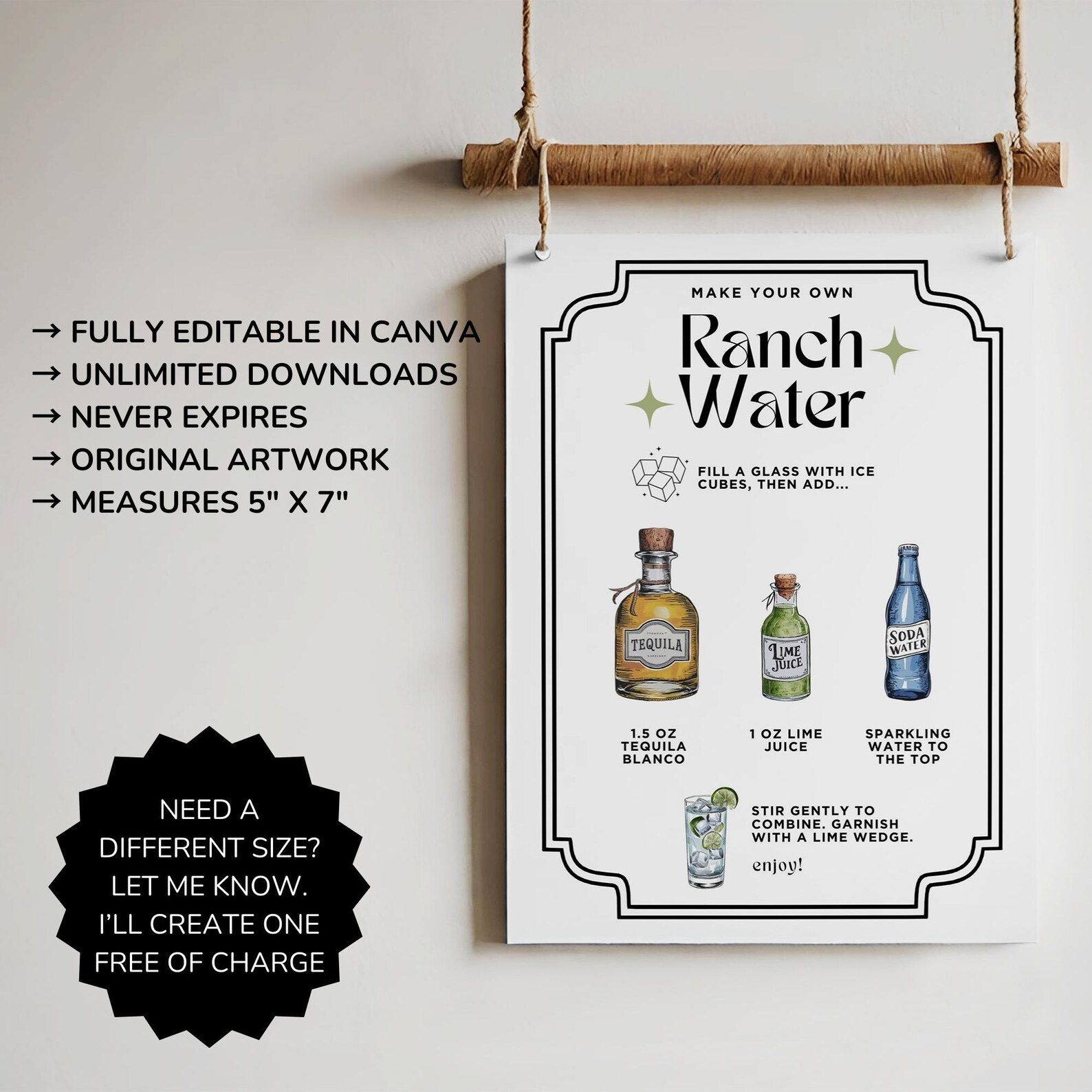 Editable Ranch Water Recipe Card Small, DIY Cocktail Sign, Drink Recipe ...