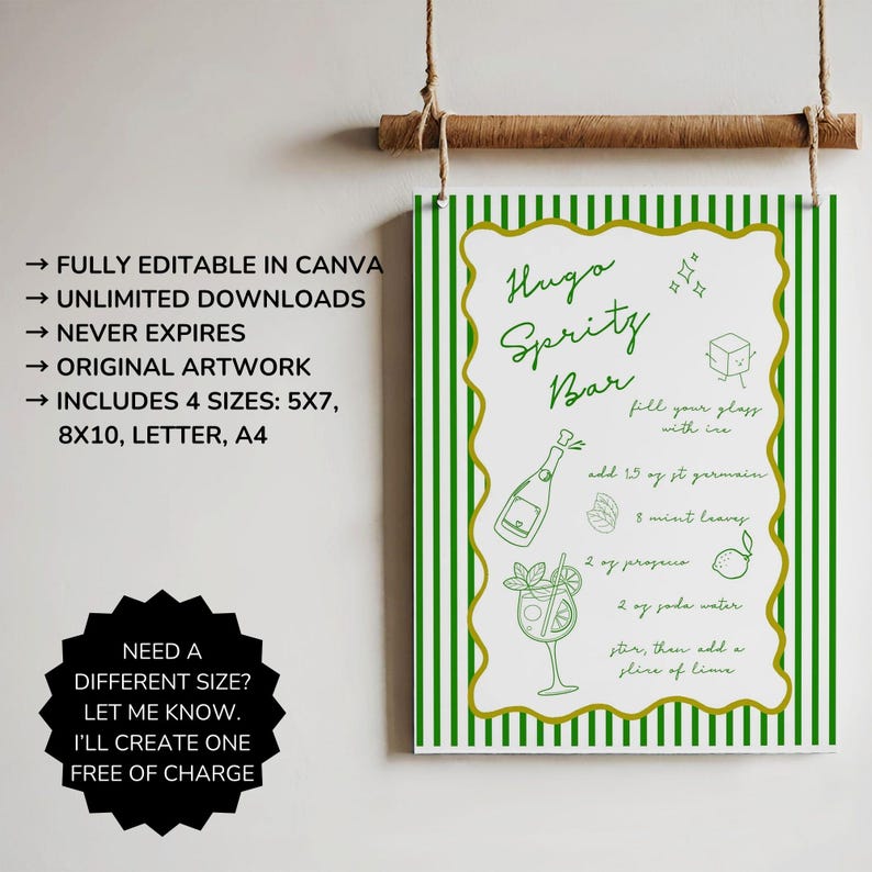 Hugo Spritz Recipe Card Template, Make Your Own Spritz Station Bar Sign ...