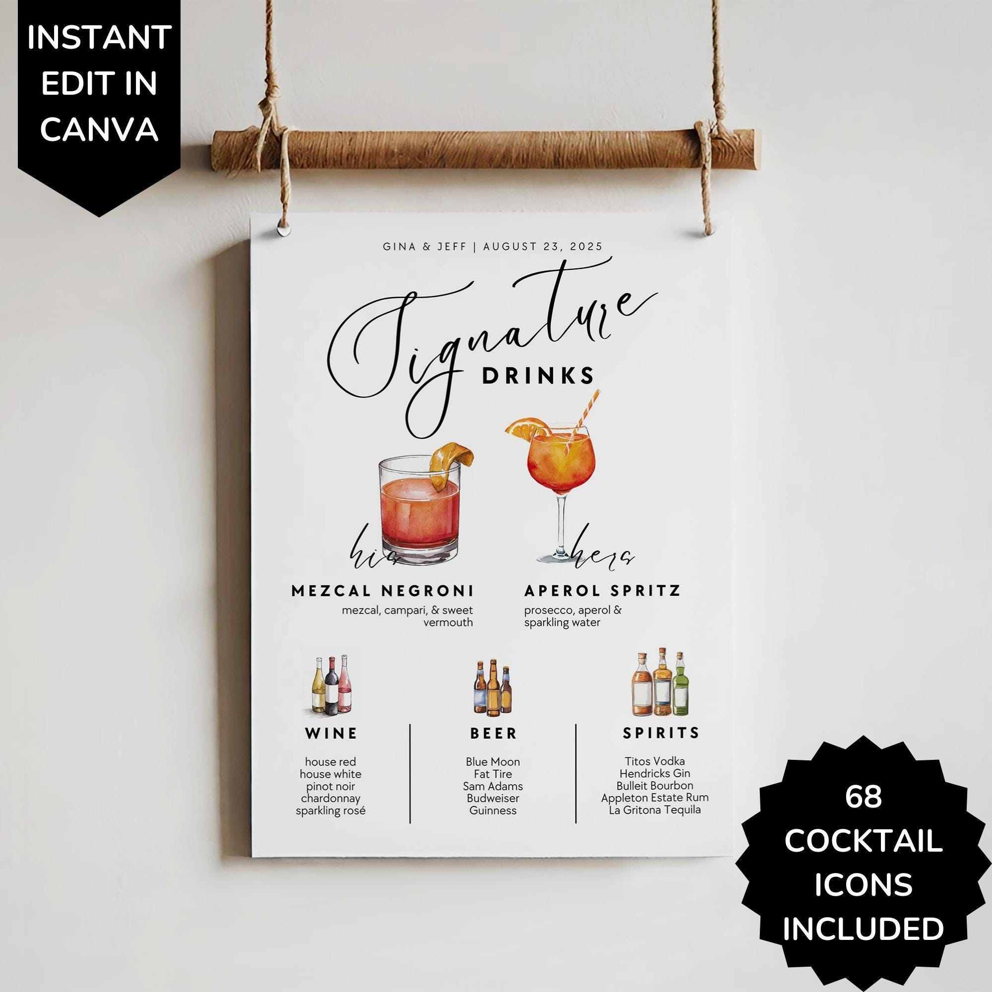 His and Hers Signature Cocktail Menu Template, Modern Wedding Bar Sign ...