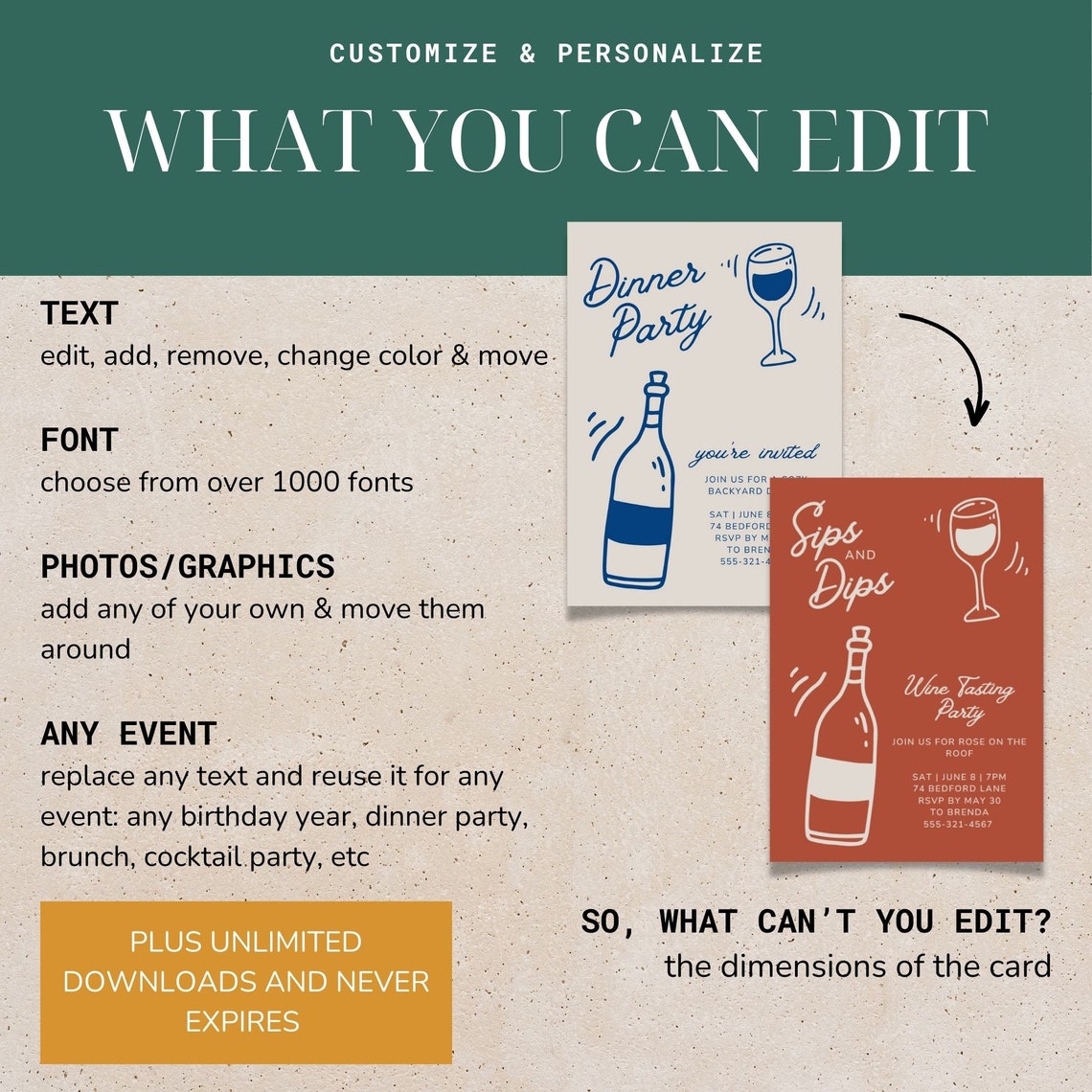 Wine Dinner Party Invite Printable, Hand Drawn Invitation Template ...