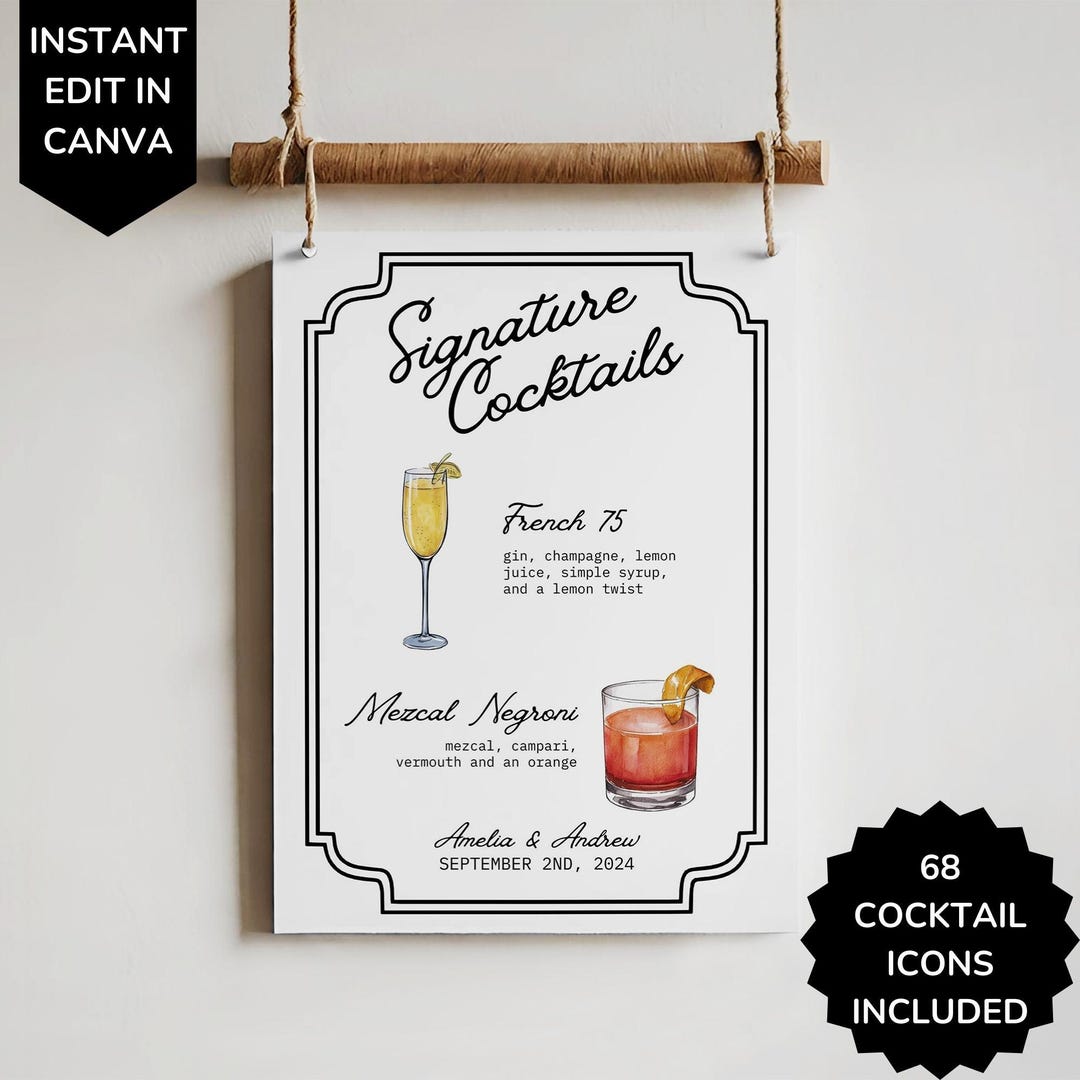 Signature Drink Bar Sign Wedding Template, Editable Drink Menu, His and ...