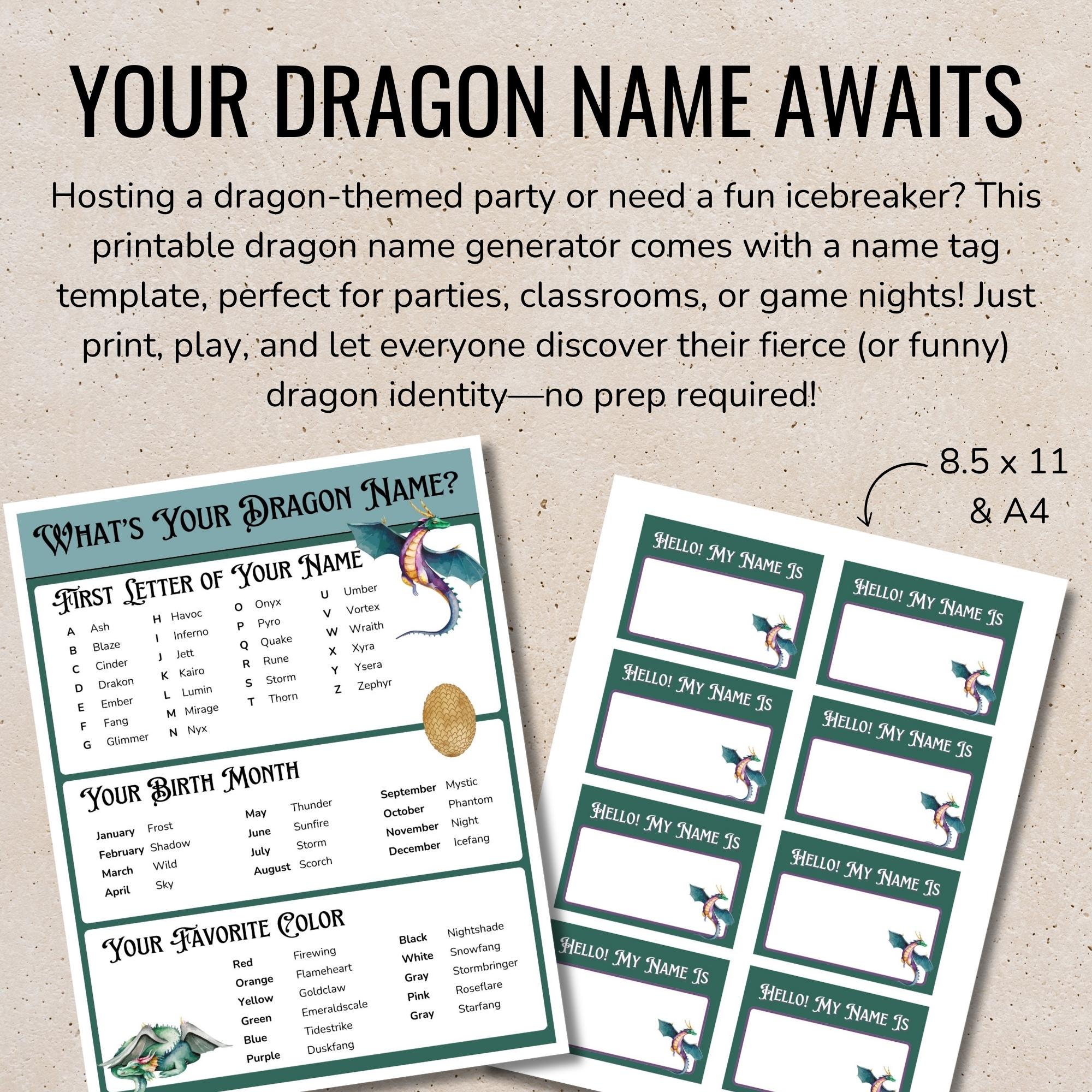 Whats Your Dragon Name Generator, Dragon Party Game Night Activity Kids ...