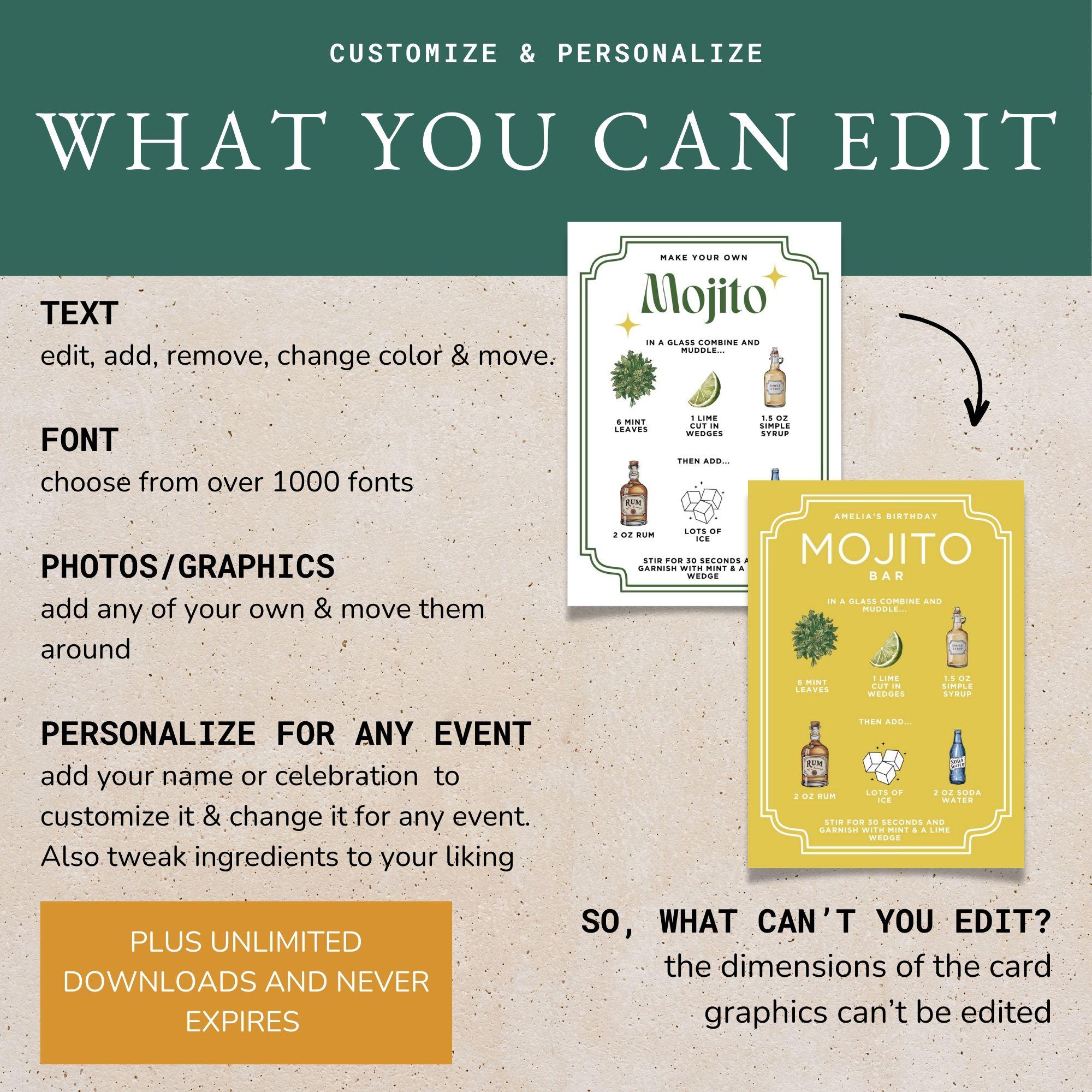 Mojito Cocktail Recipe Printable, Customizable Bar Menu Template ...