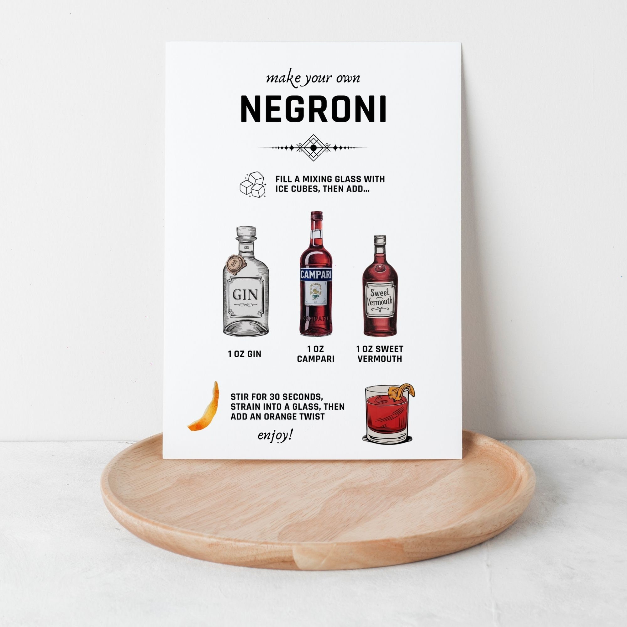 Negroni Cocktail Recipe Card Printable, Make Your Own Cocktail Sign ...