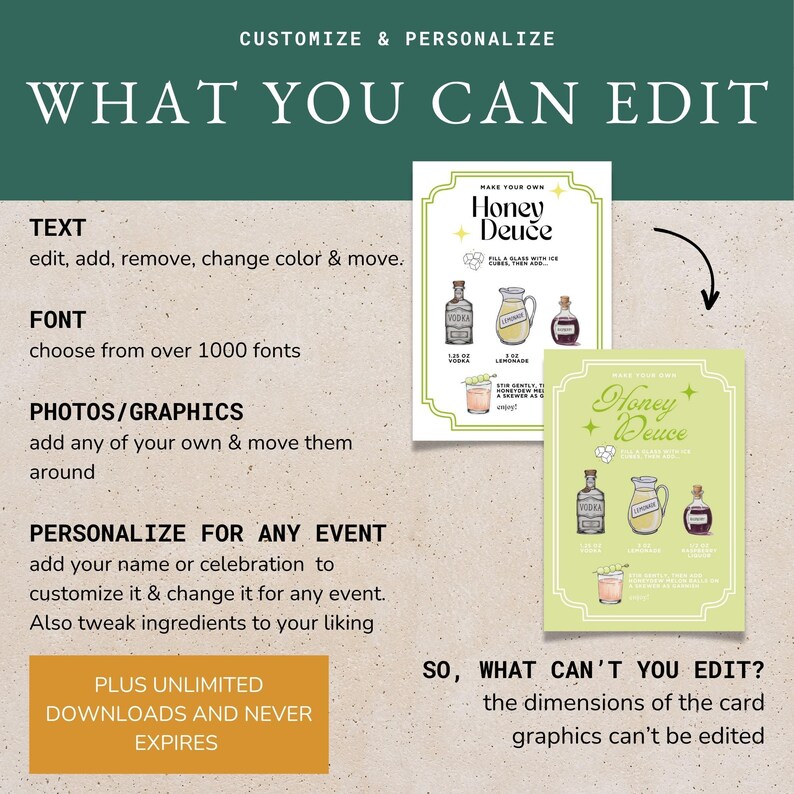 Honey Deuce Sign, Cocktail Recipe Template, Editable Cocktail Menu Card ...