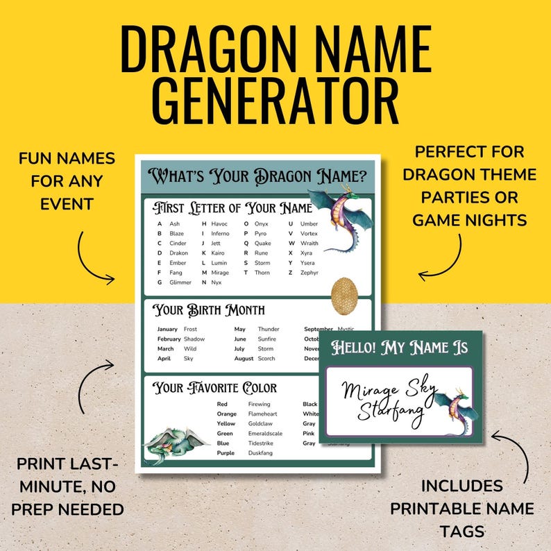 Whats Your Dragon Name Generator, Dragon Party Game Night Activity Kids ...