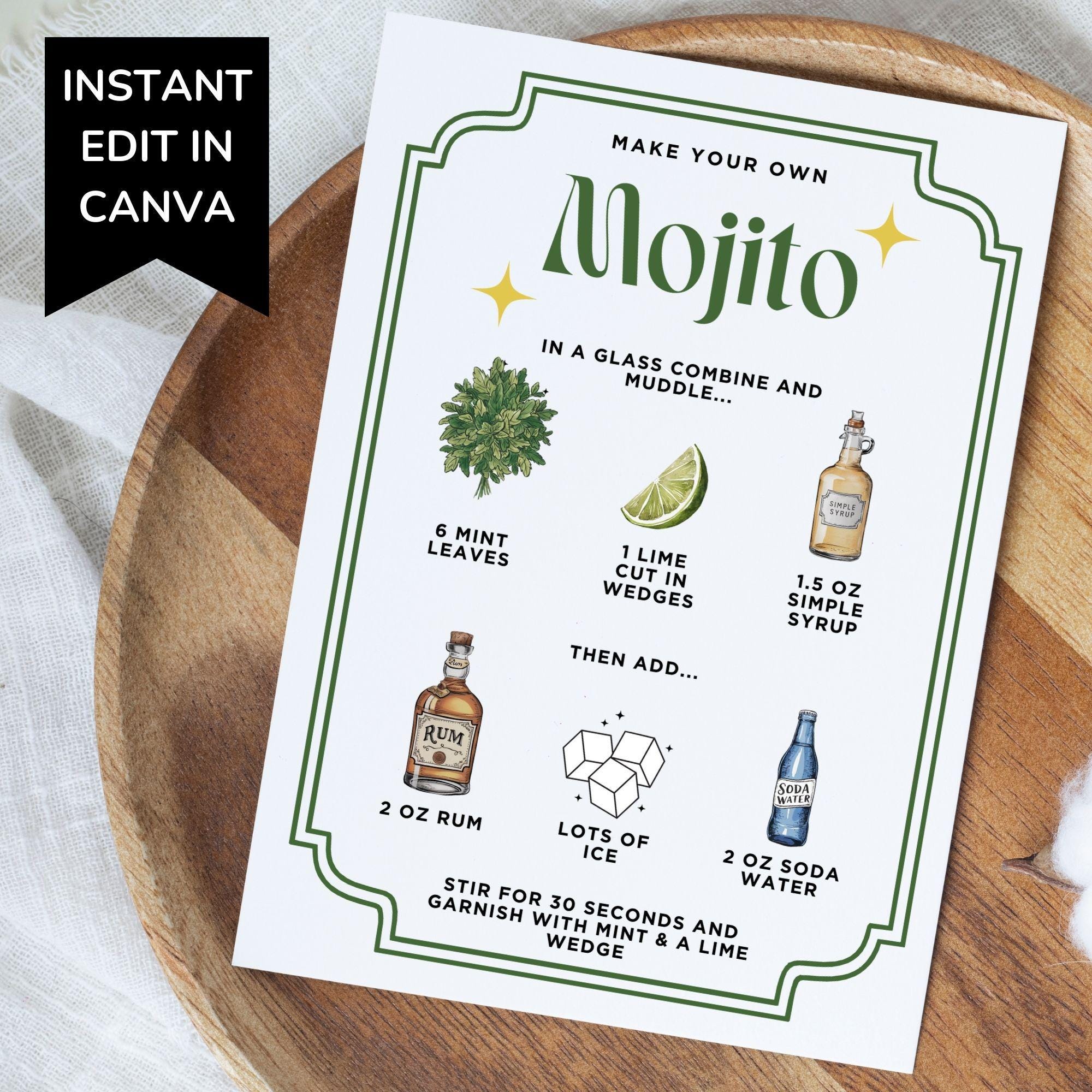 Mojito Cocktail Recipe Printable, Customizable Bar Menu Template ...