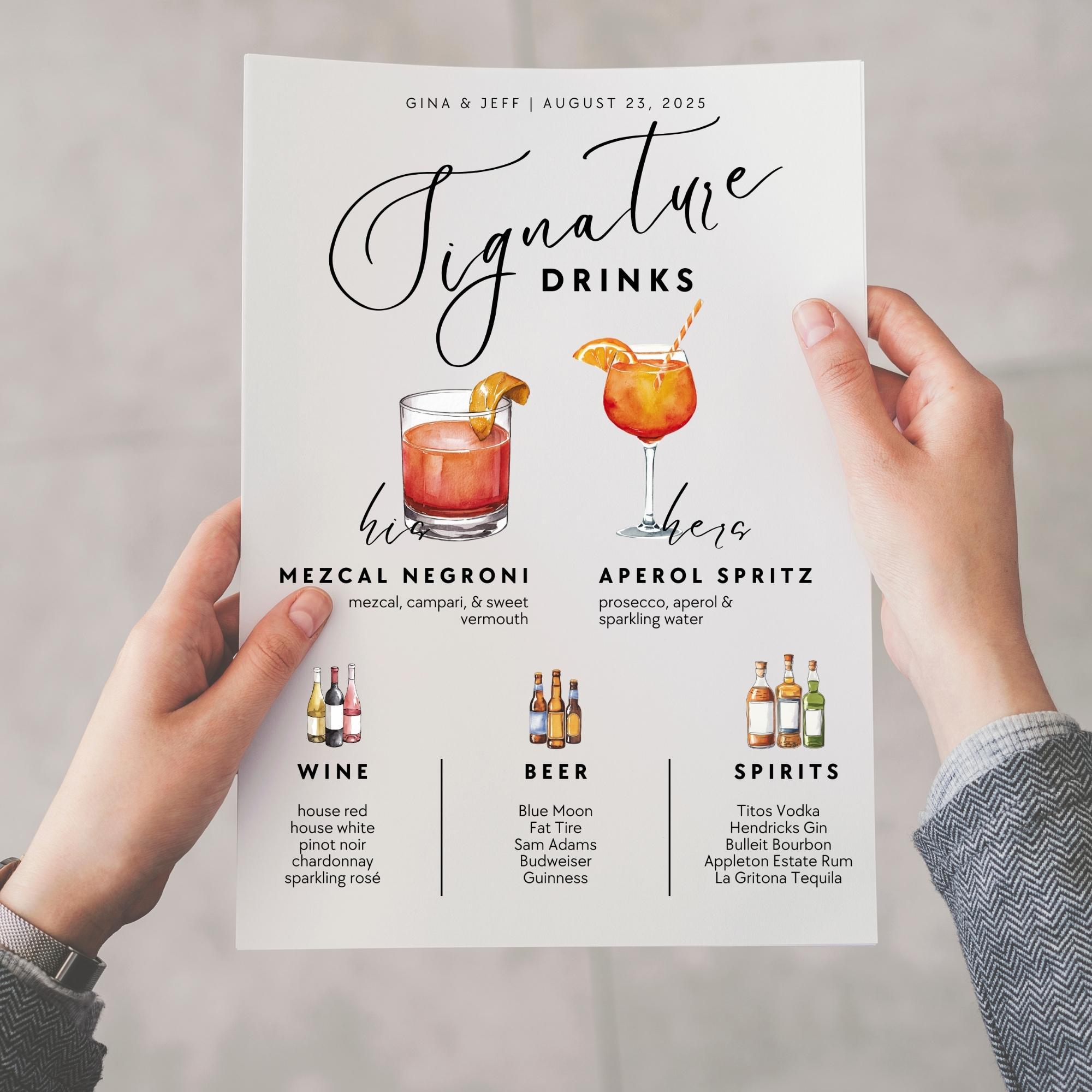 His and Hers Signature Cocktail Menu Template, Modern Wedding Bar Sign ...