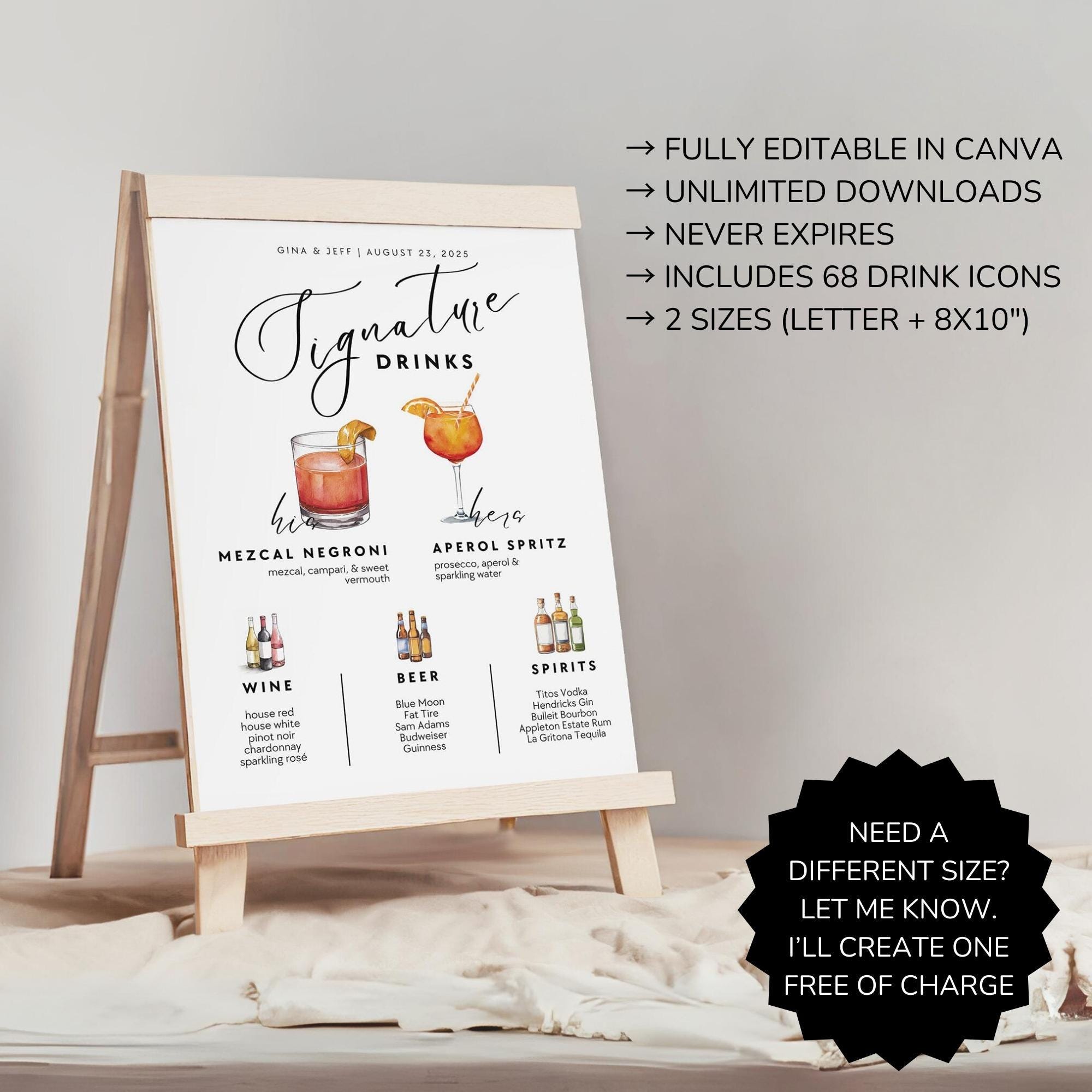 His and Hers Signature Cocktail Menu Template, Modern Wedding Bar Sign ...