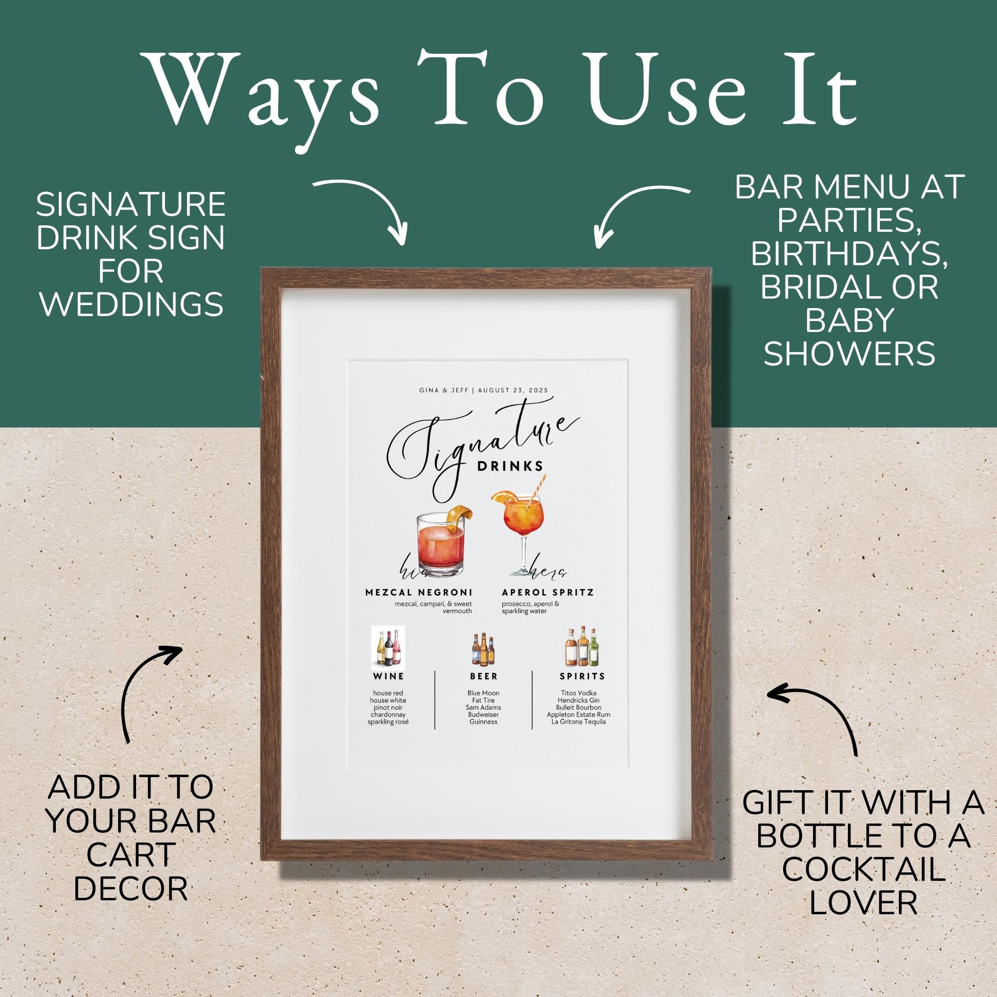 His and Hers Signature Cocktail Menu Template, Modern Wedding Bar Sign ...