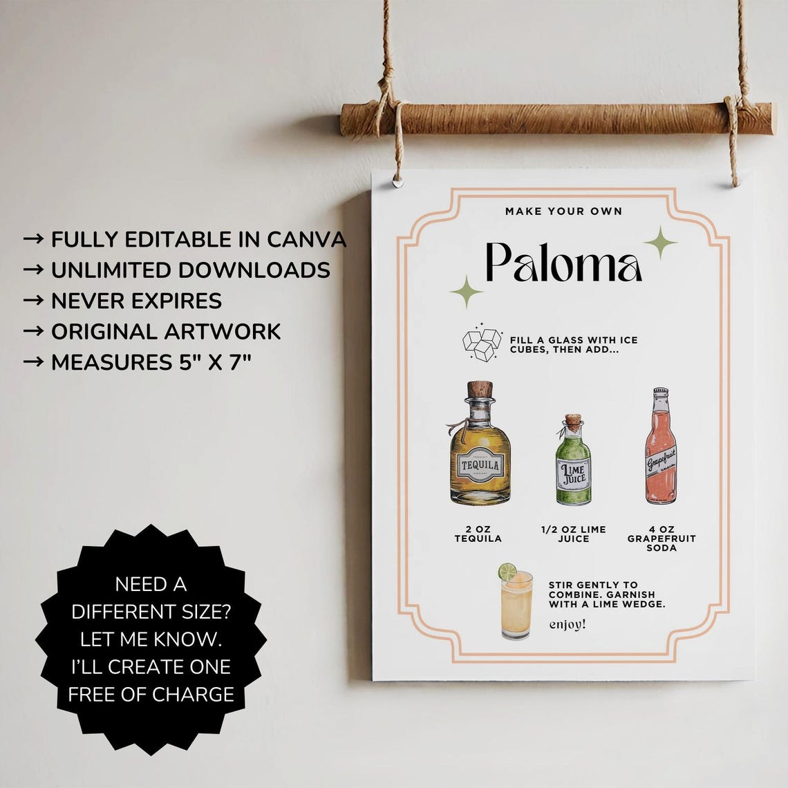 Paloma Drink Sign Template, Editable Cocktail Menu Card, Customizable ...