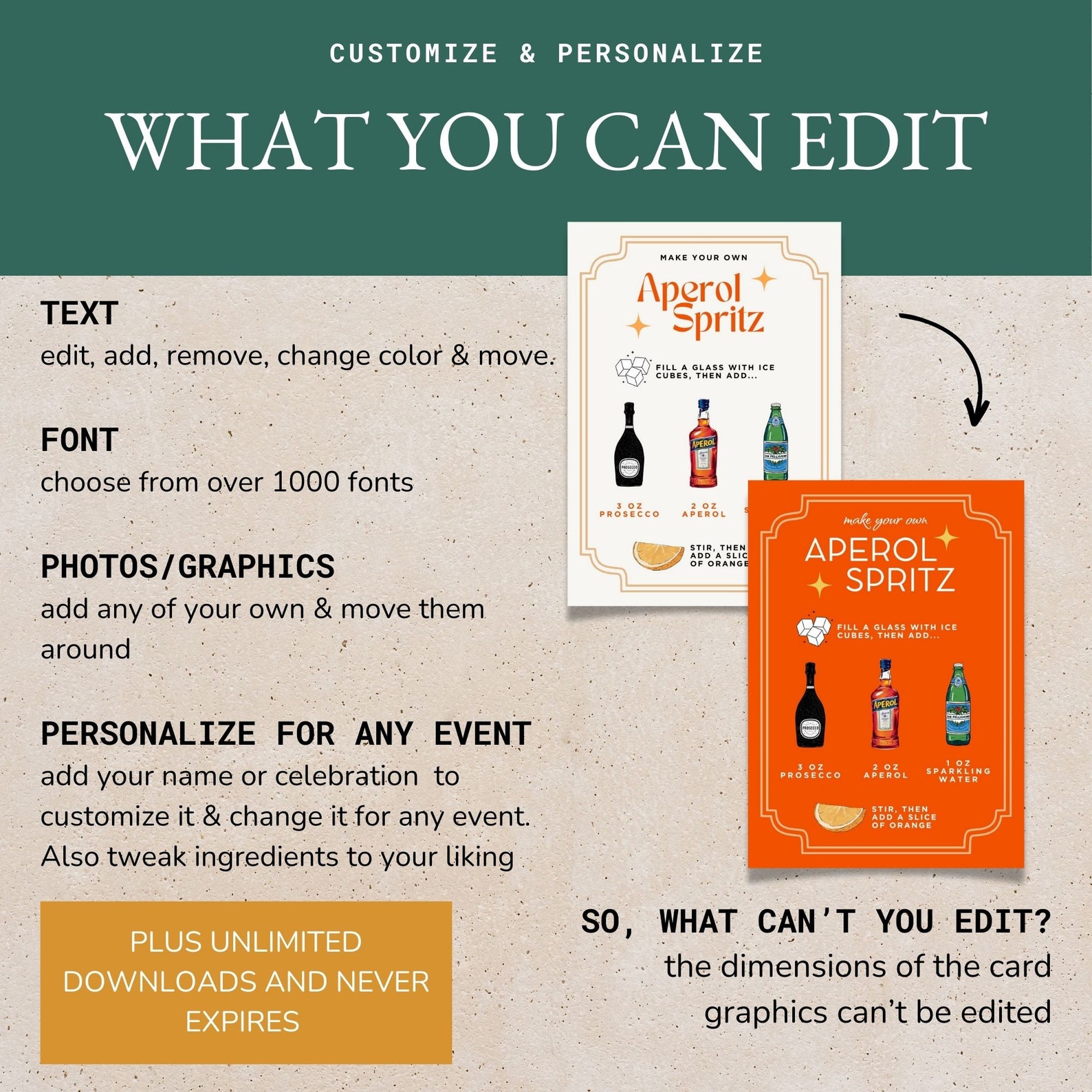 Signature Drink Aperol Spritz Recipe Card, Editable Make Your Own ...