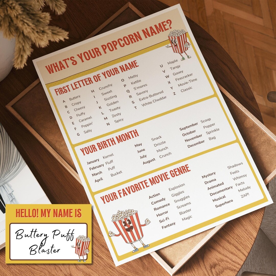Whats Your Popcorn Name Generator, Popcorn Party Printable, Teenager ...