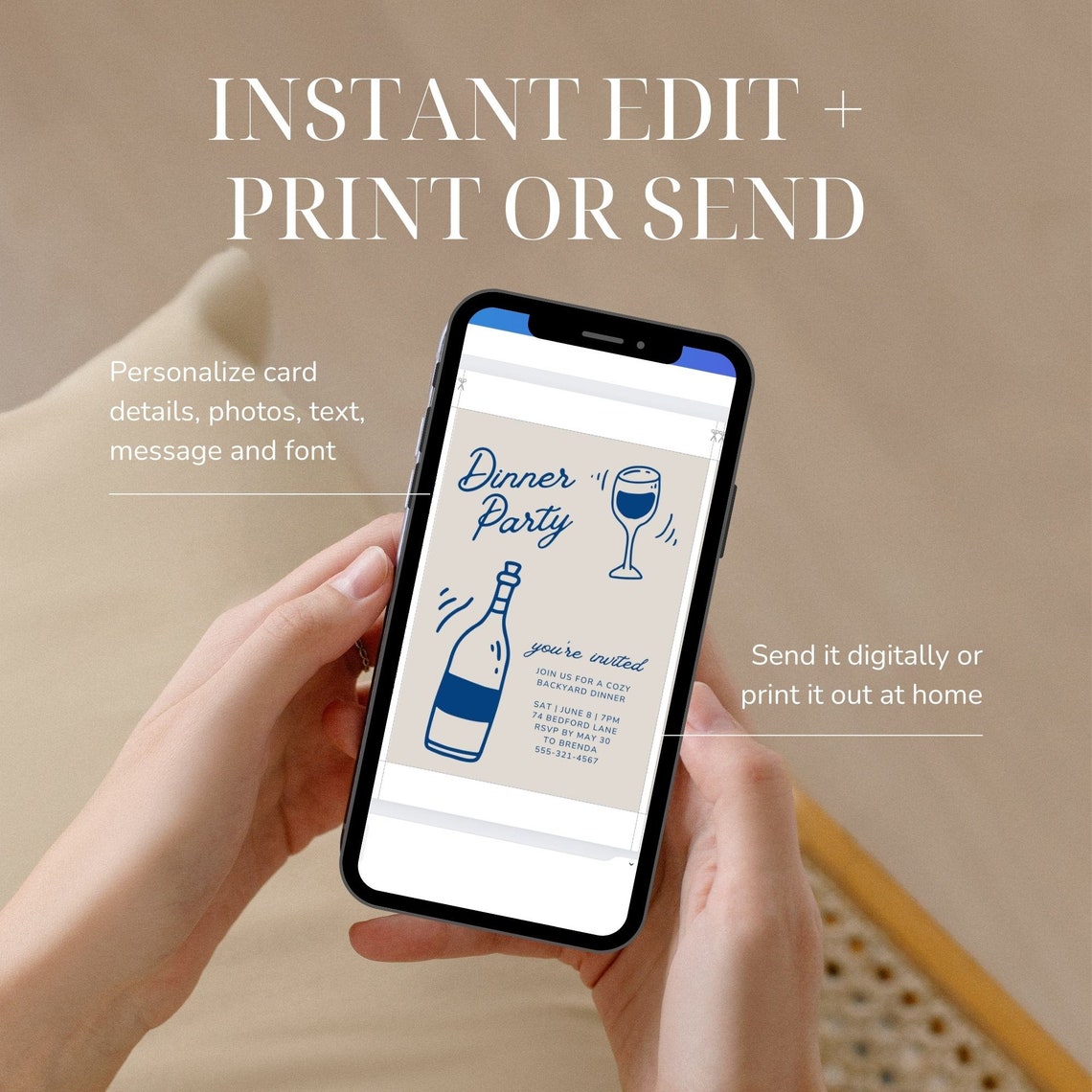 Wine Dinner Party Invite Printable, Hand Drawn Invitation Template ...