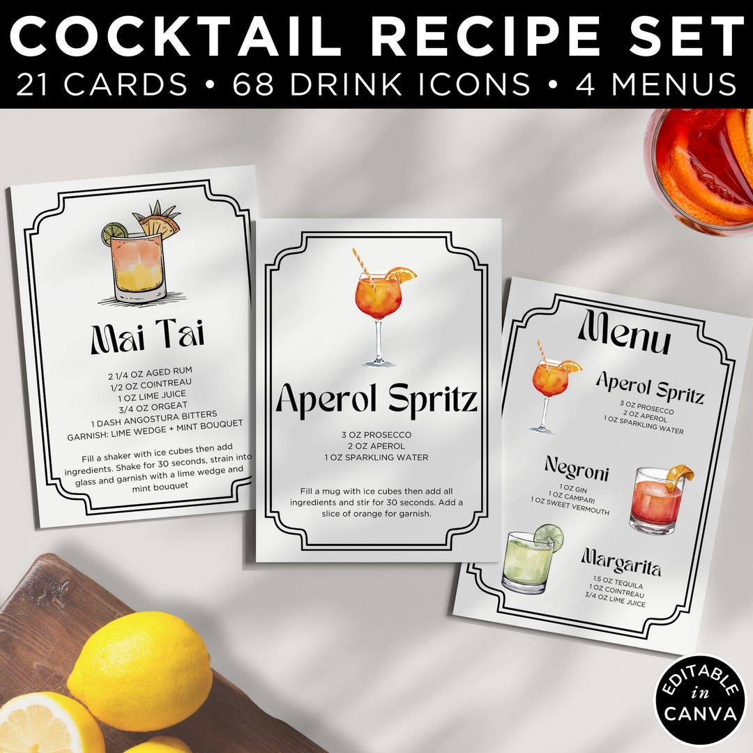 Editable Cocktail Recipe Card Set, Drink Recipe Card Template ...