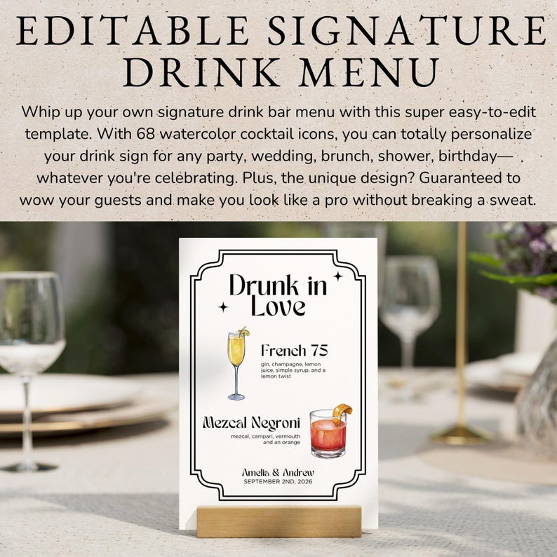 Drunk in Love Bar Sign Wedding Template, French 75 Signature Cocktail ...