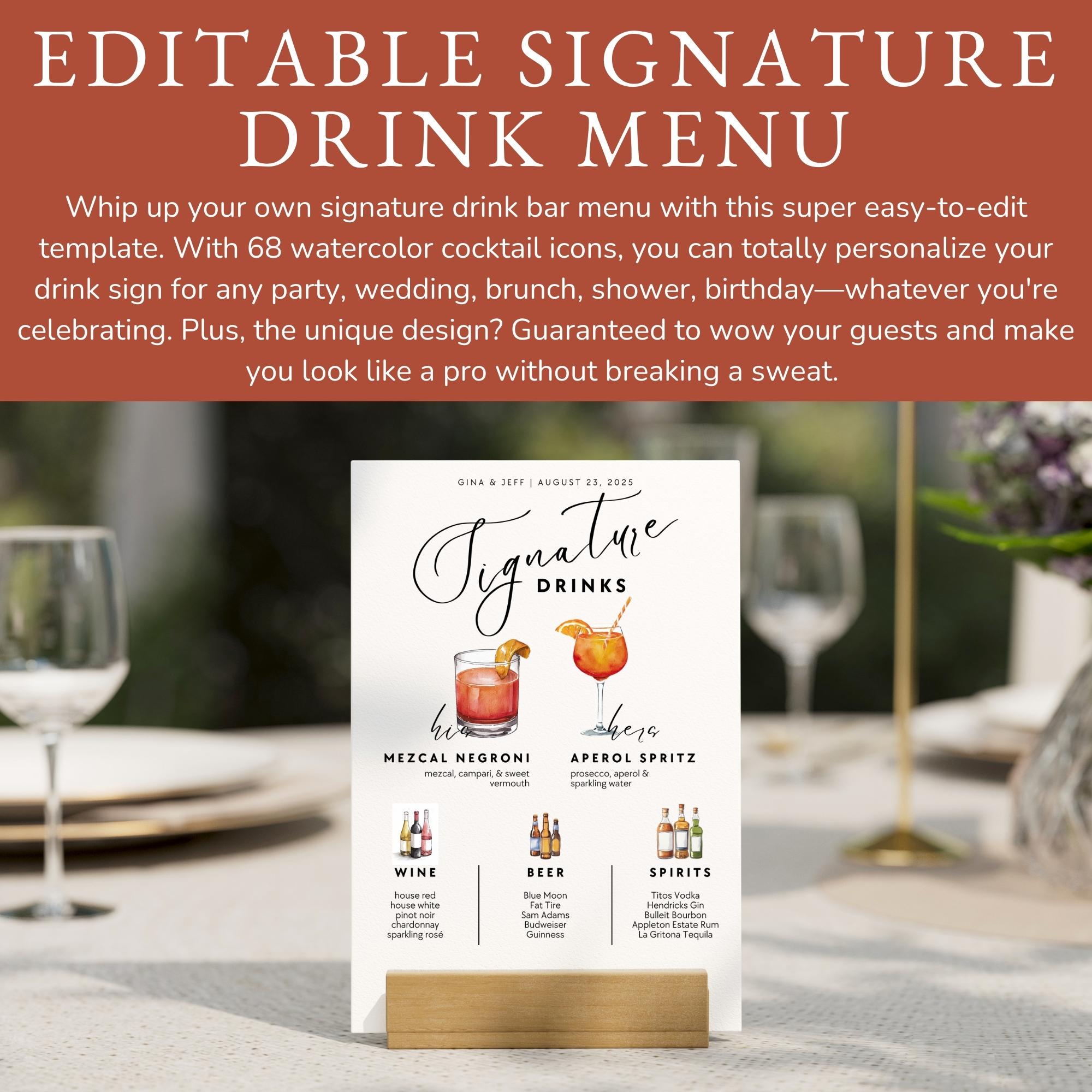 His and Hers Signature Cocktail Menu Template, Modern Wedding Bar Sign ...