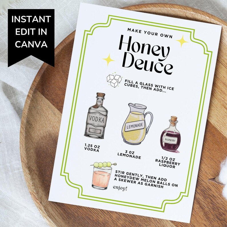 Honey Deuce Sign, Cocktail Recipe Template, Editable Cocktail Menu Card ...
