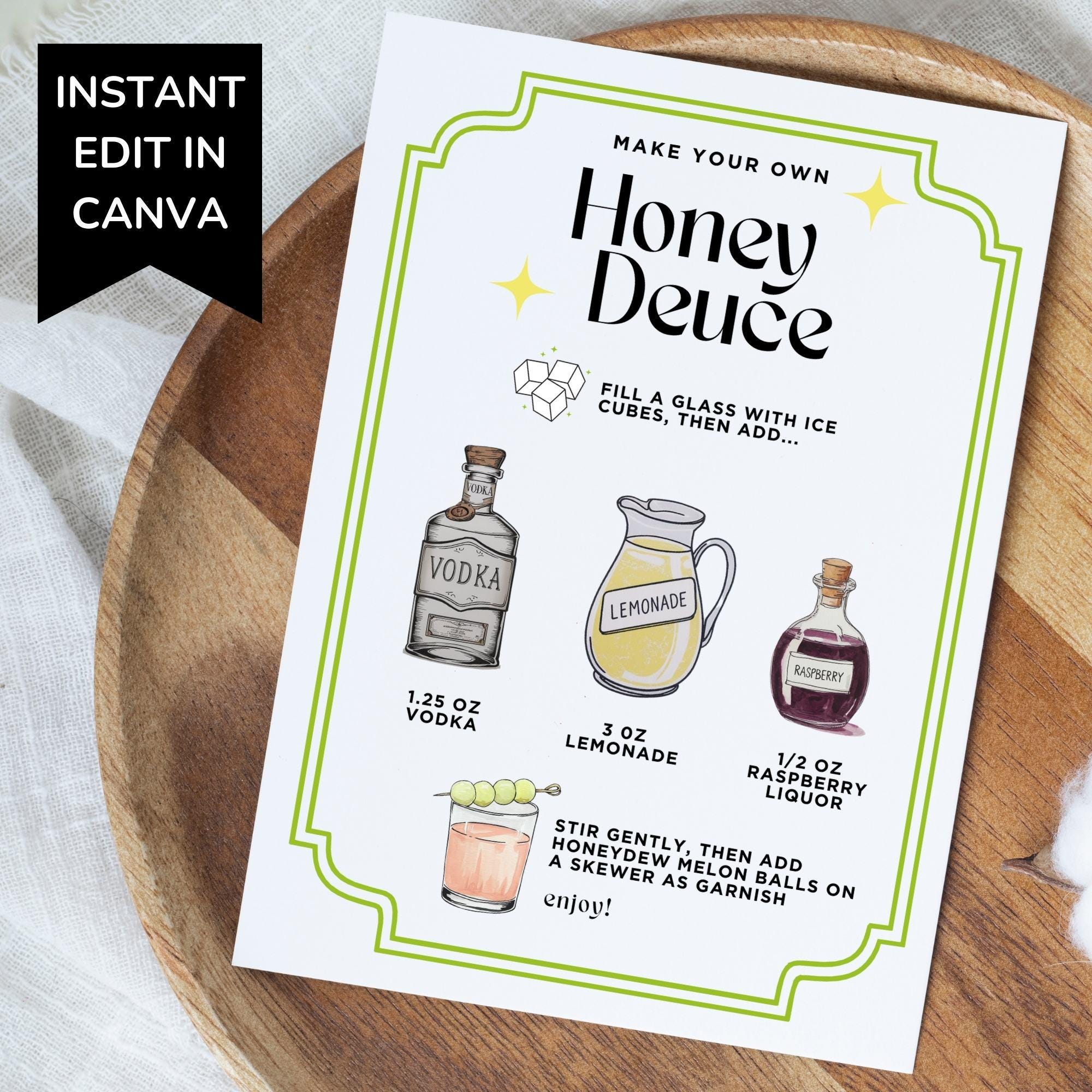 Honey Deuce Sign, Cocktail Recipe Template, Editable Cocktail Menu Card ...