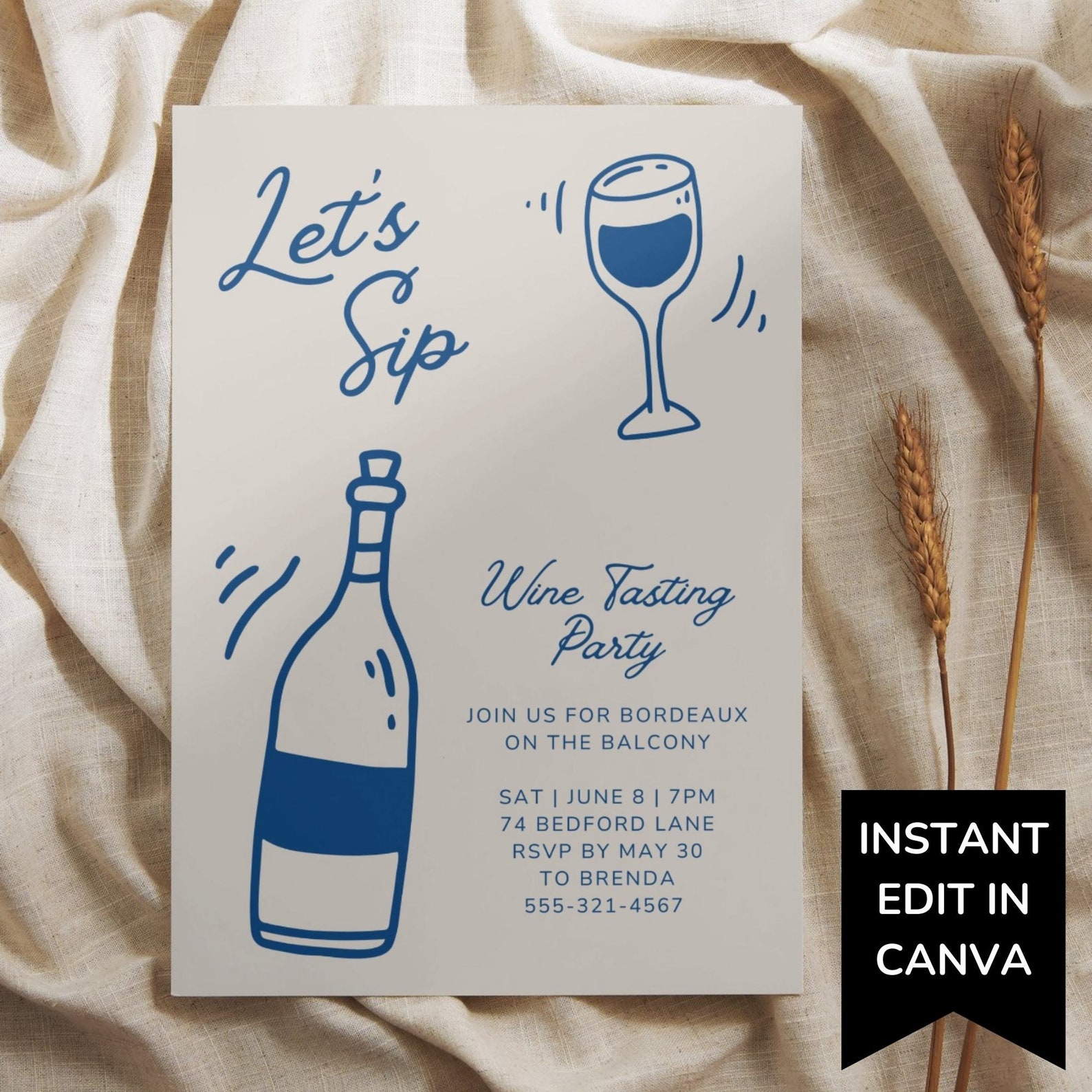 Wine Tasting Invite Digital Download, Hand Drawn Invitation Template ...