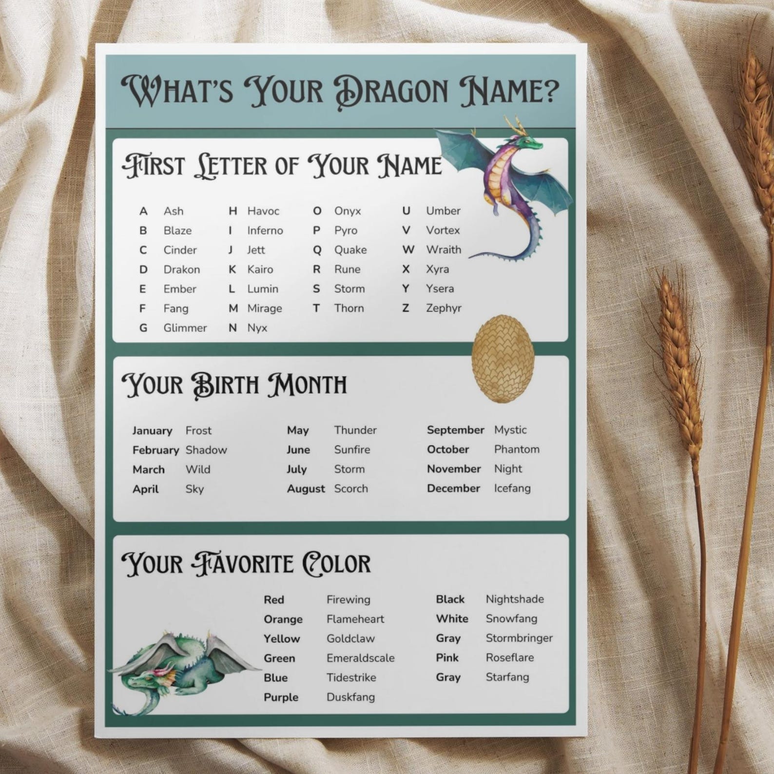 Whats Your Dragon Name Generator, Dragon Party Game Night Activity Kids ...