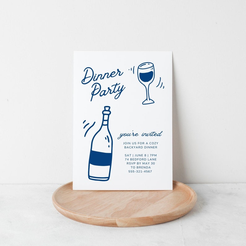 Wine Dinner Party Invite Printable, Hand Drawn Invitation Template ...