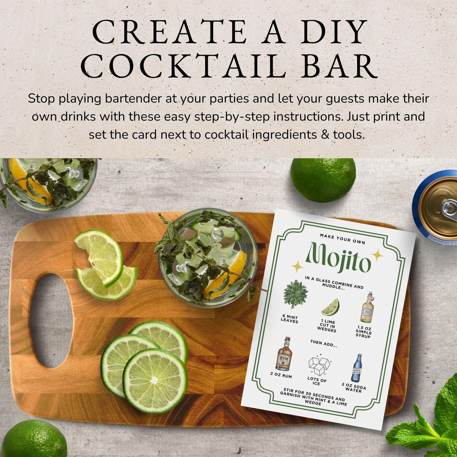 Mojito Cocktail Recipe Printable, Customizable Bar Menu Template ...