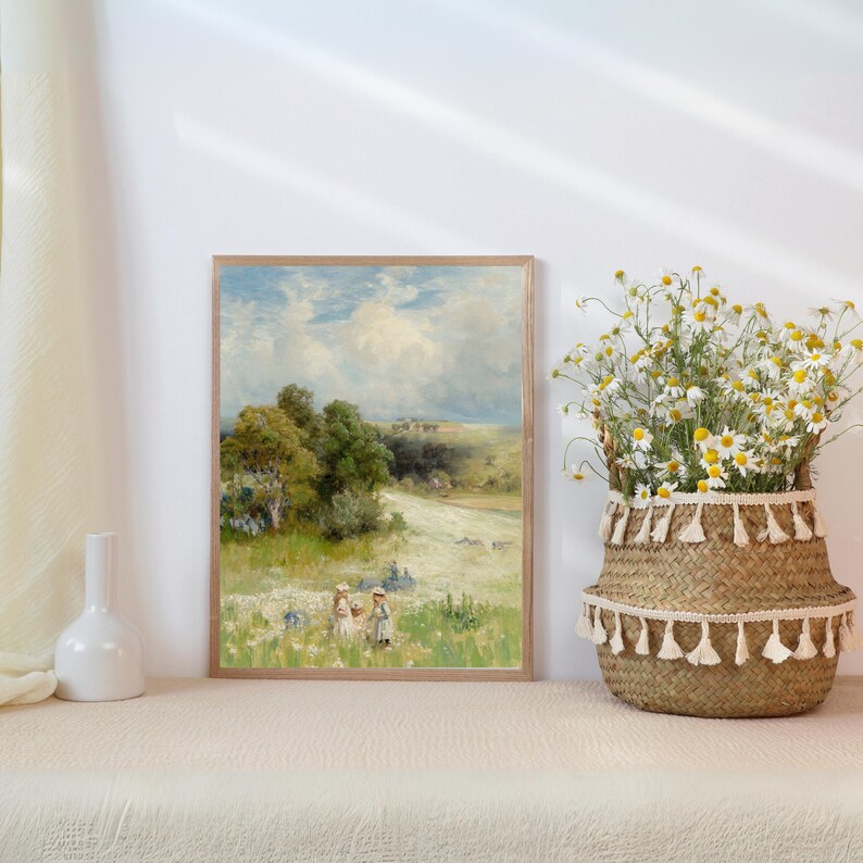 Kids at the Wild Flower Field Painting, Digital Download Country Flower ...