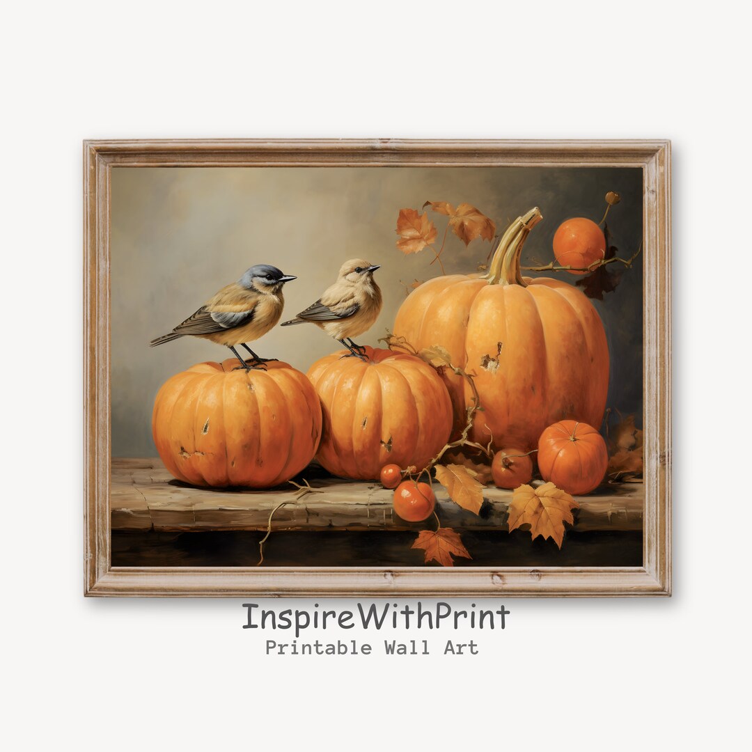Sparrows and Pumpkin Art, Rustic Fall Wall Art Printable, Pumpkins Art Print, Vintage Autumn ...