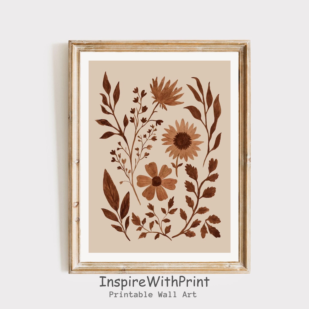 Brown Botanical Printable Boho Wall Art, Neutral Floral Print, Vintage ...