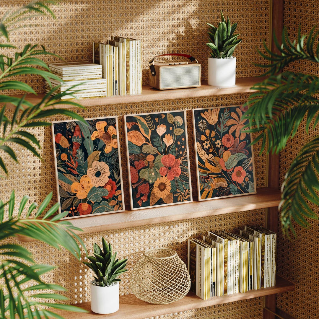 Midcentury Modern Boho Flowers Bouquet Wall Art Set of 3, Digital ...