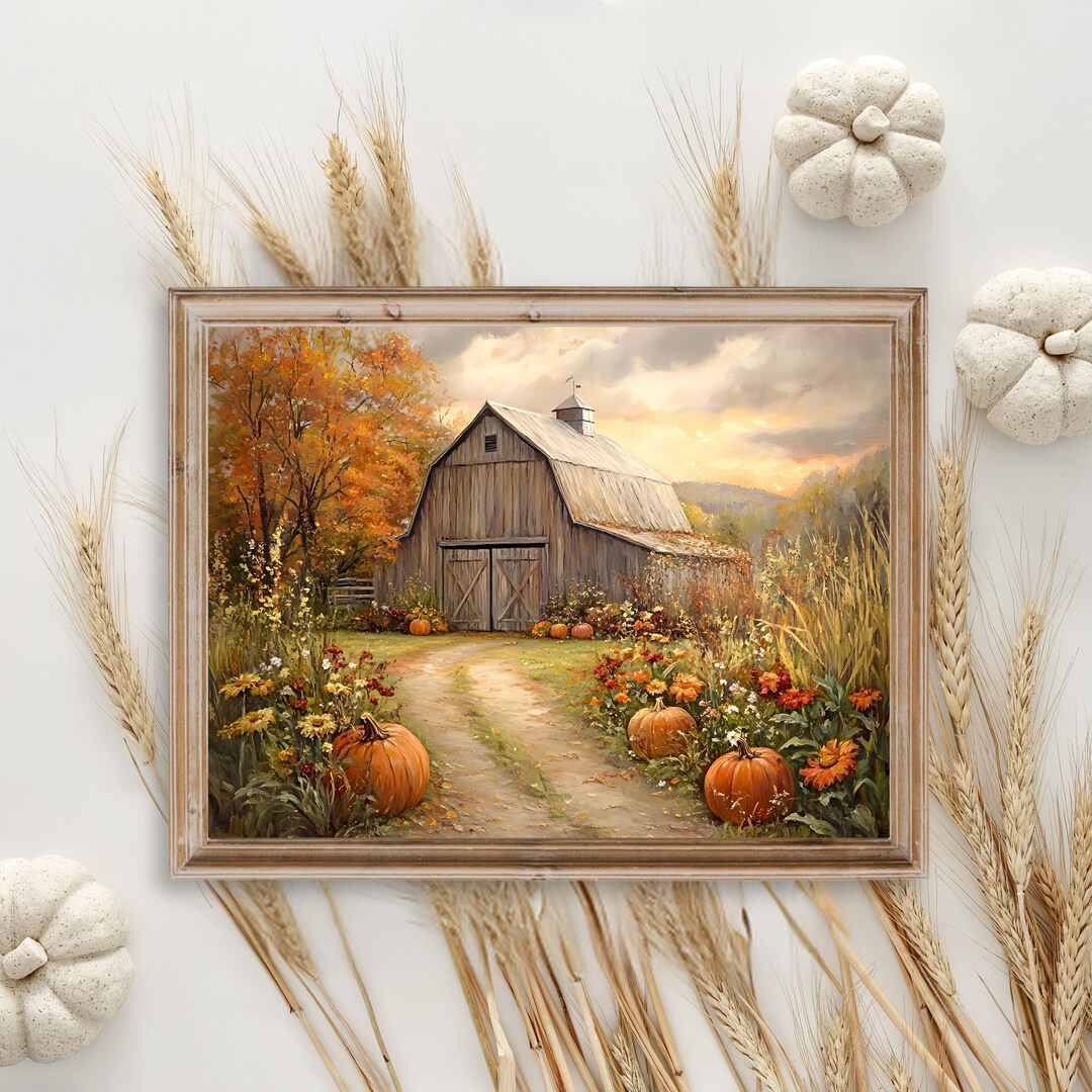 Farmhouse Pumpkin Barn Wall Art, Moody Fall Barn Print, Rustic Fall Art ...