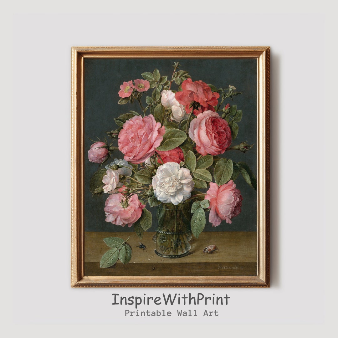 Vintage Pink Rose Painting, Digital Download Moody Rose Flower Print ...