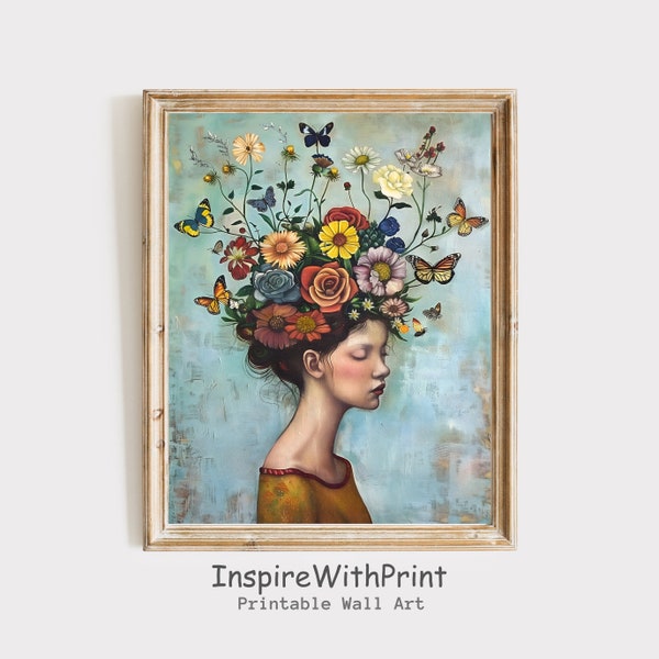 Woman With Flowers Head Painting - Etsy