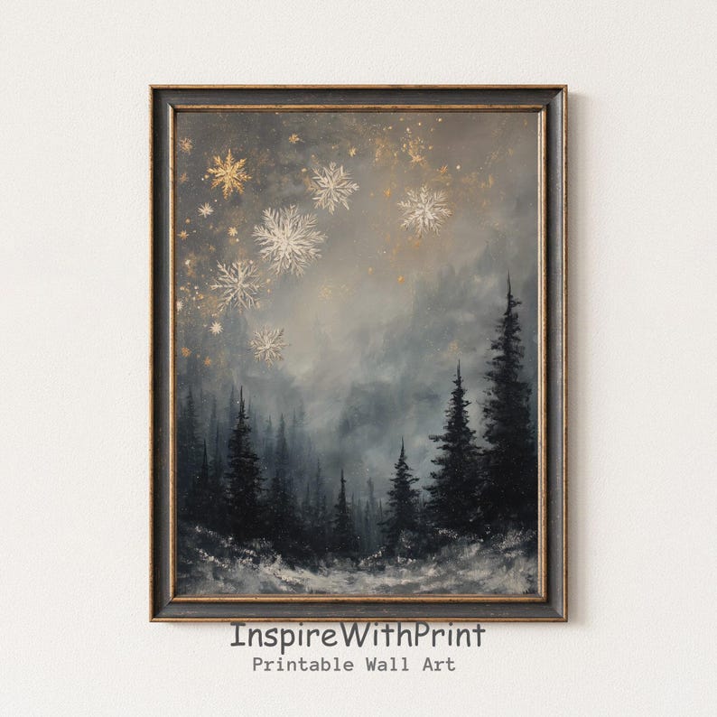 Moody Winter Forest Wall Art, Snowflake Night Sky Painting, Snowy Pine ...