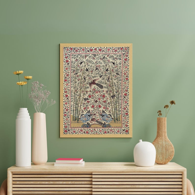 Vintage Textile Wall Art, Indian Palampore Textile Print, Birds and ...
