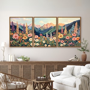 Boho Mountain Wildflower Landscape Print Set of 3, Printable Mountain ...