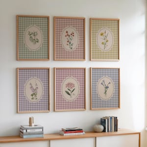 Gingham Wildflower Print Set of 6, Vintage Floral Botanical Wall Art ...