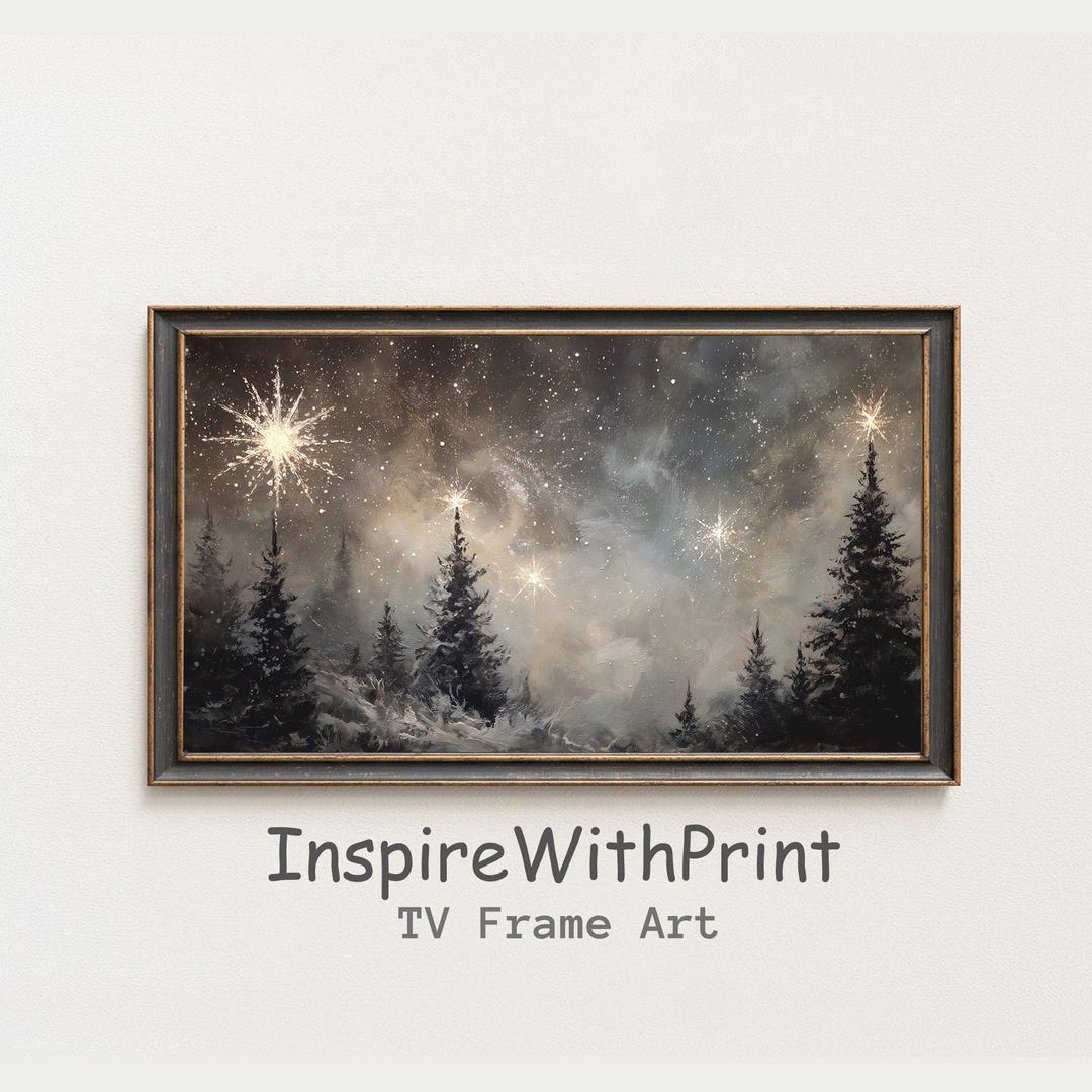 Winter Night Forest TV Frame Art, Snowy Pine Landscape With Glowing ...
