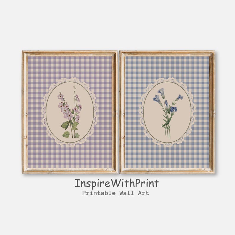 Gingham Wildflower Print Set of 6, Vintage Floral Botanical Wall Art ...