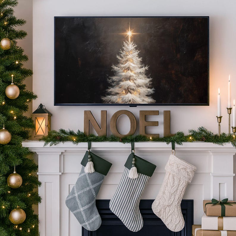 Rustic Moody White Christmas Tree TV Frame Art, Dark Winter Holiday ...