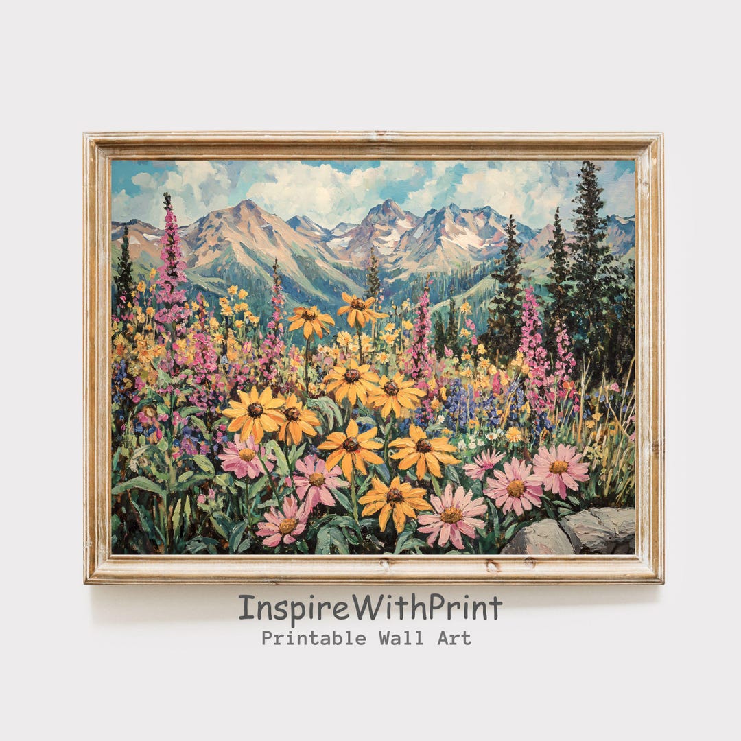 Mountain Wildflower Landscape Painting, Colorful Flower Field Print ...