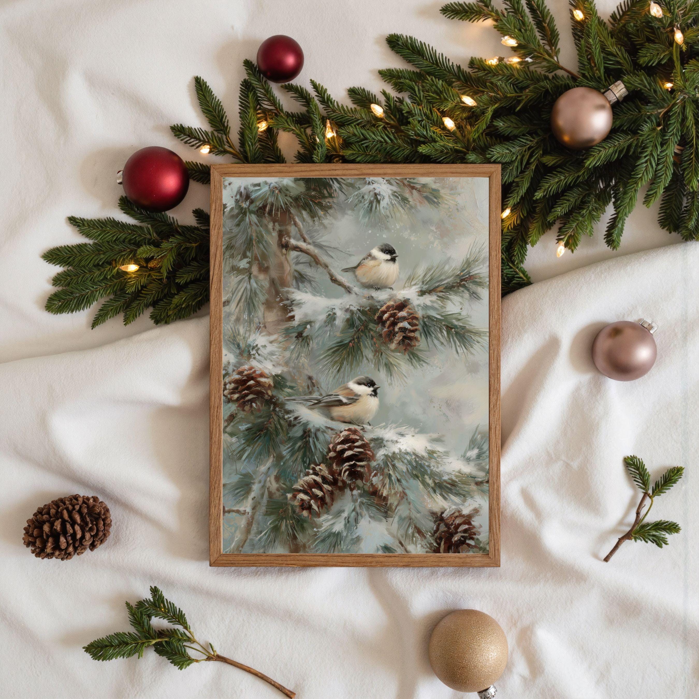 Winter Chickadee Birds Wall Art, Snowy Pine Cone Printable, Rustic ...